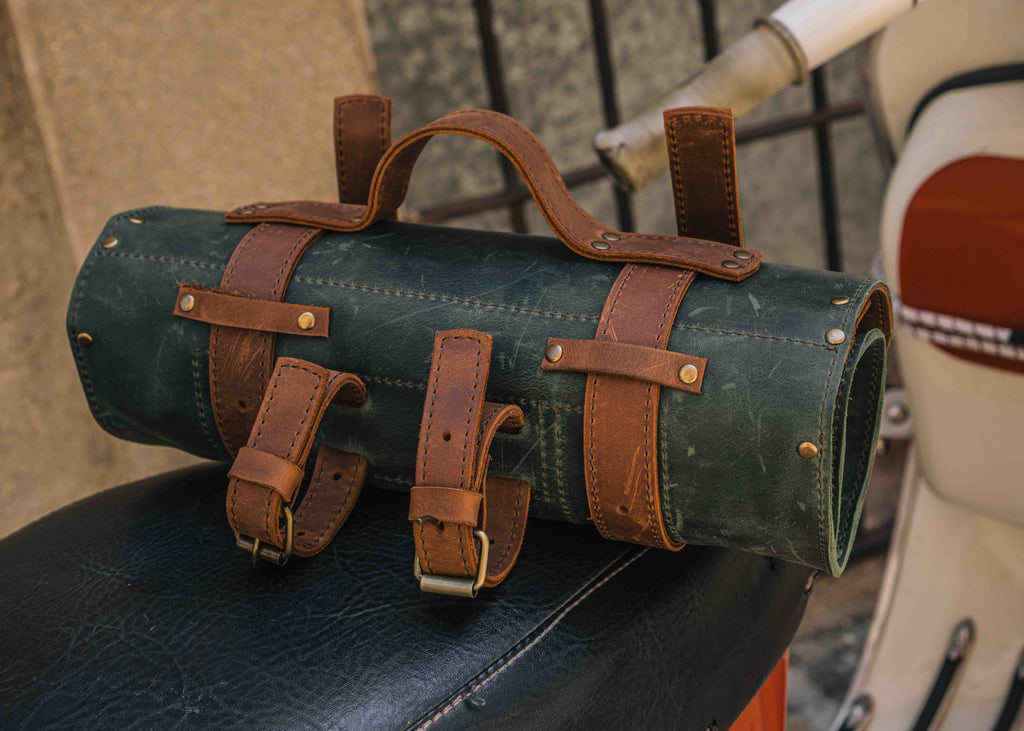 Timeless Leather Motorcycle Tool Roll – Green & Brown | Wrench roll bag