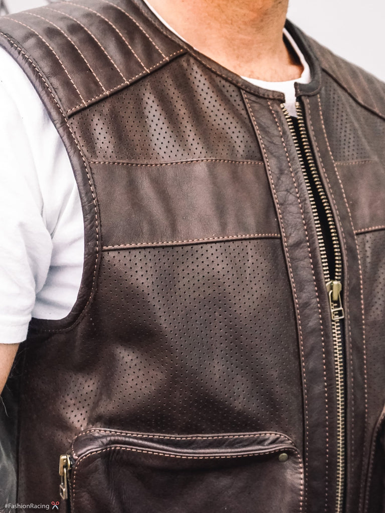 Gilet de motard | Cuir Marron Perforé | Fait main