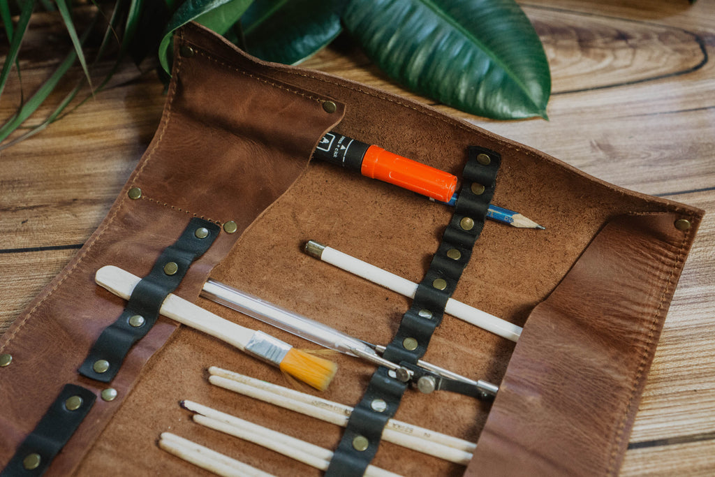 Large Artist Tool Roll Up | Leather drawing case